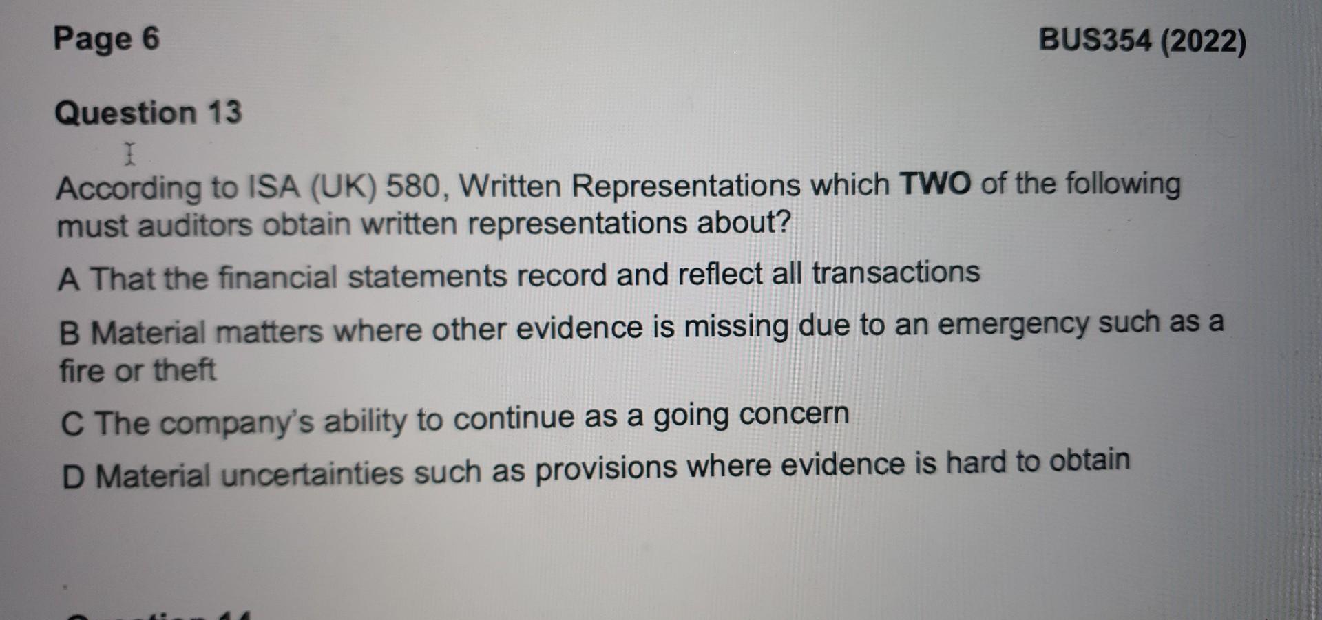 Solved Question 13 I According to ISA (UK) 580, Written | Chegg.com