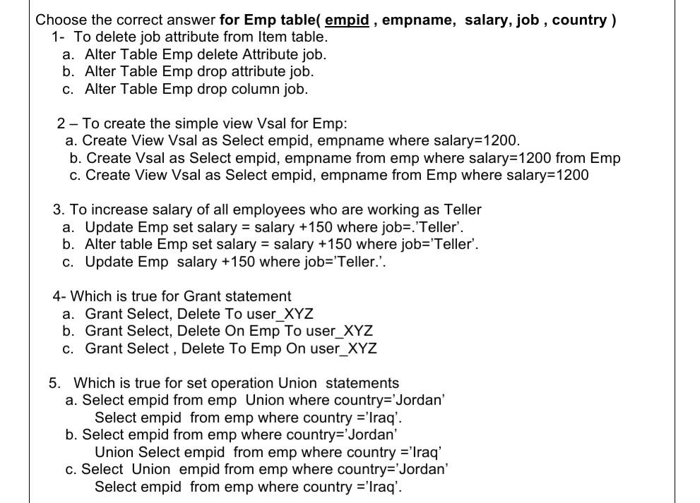 Solved Choose the correct answer for Emp table( empid , | Chegg.com