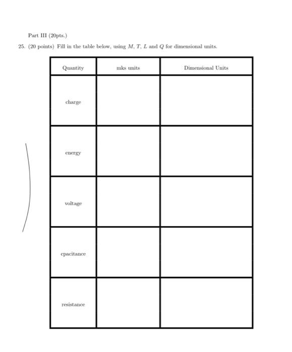 Solved 25. (20 points) Fill in the table below, using M,T,L | Chegg.com