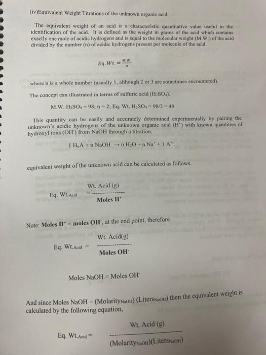 Solved (iv)Equivalent Weight Titrations of the unknown | Chegg.com