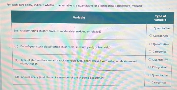 Solved For each part below, indicate whether the variable is | Chegg.com
