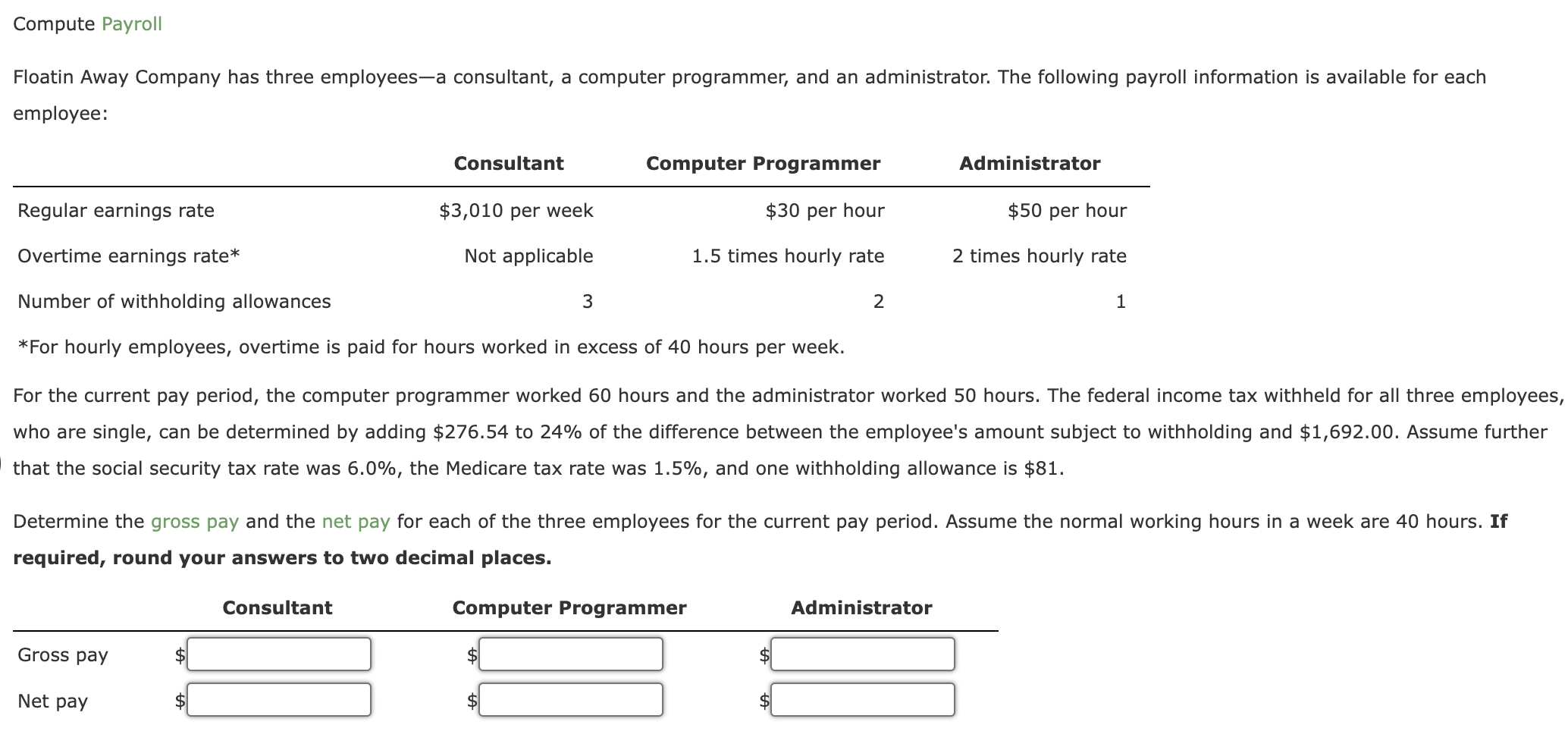 Solved Compute PayrollFloatin Away Company has three | Chegg.com