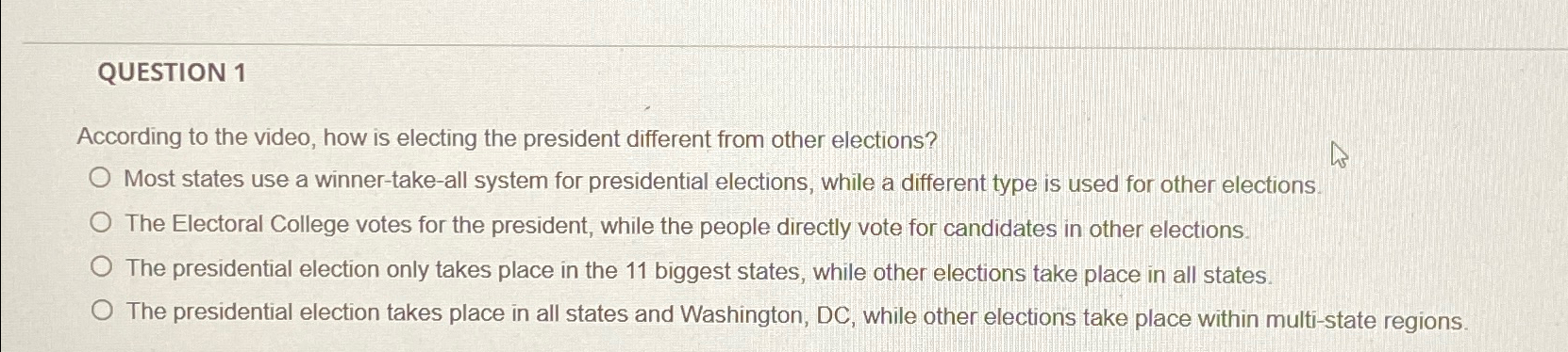 Solved QUESTION 1According to the video, how is electing the | Chegg.com