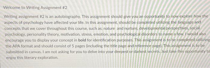 Solved Welcome to Writing Assignment \#2 Writing assignment | Chegg.com