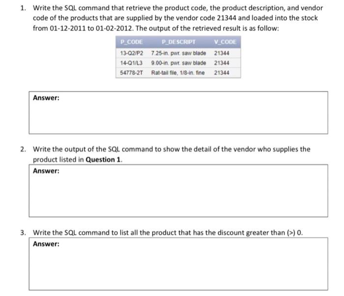 Solved CREATE TABLE VENDOR ( V_CODE INTEGER NOT | Chegg.com