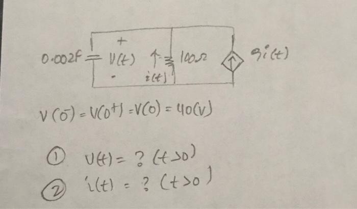 Solved V(0−)=V(0+)=V(0)=40(V) (1) V(t)= ? (t>0) (2) | Chegg.com