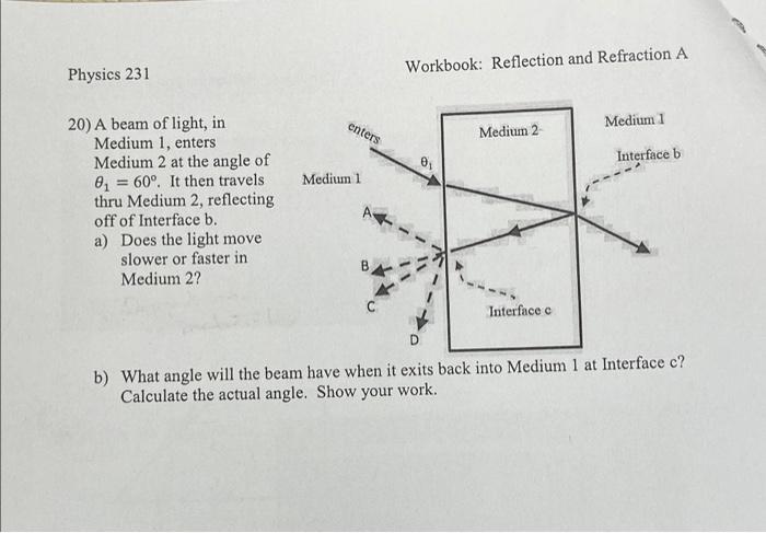 Physics 231 Workbook: Reflection and Refraction A | Chegg.com