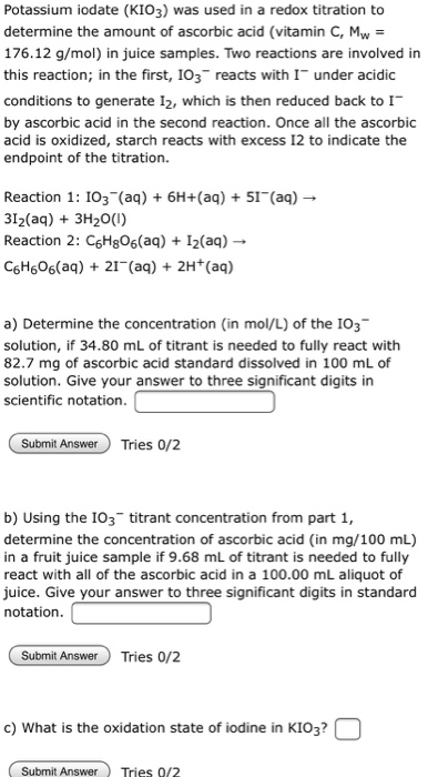 Solved Potassium iodate (KIO3) was used in a redox titration | Chegg.com