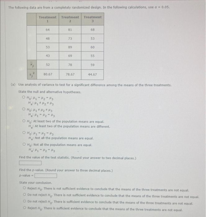 Solved The following data are from a completely randomized | Chegg.com