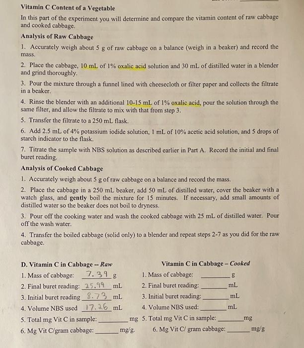 2. Place the cabbage in a 250 mL beaker, add 50 mL of | Chegg.com