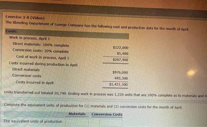 Solved Exercise 3-8 (Video) The Blending Department of | Chegg.com