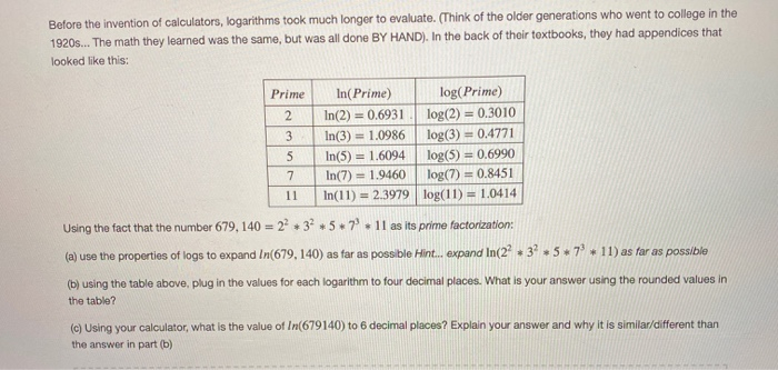 Solved Before the invention of calculators, logarithms took | Chegg.com