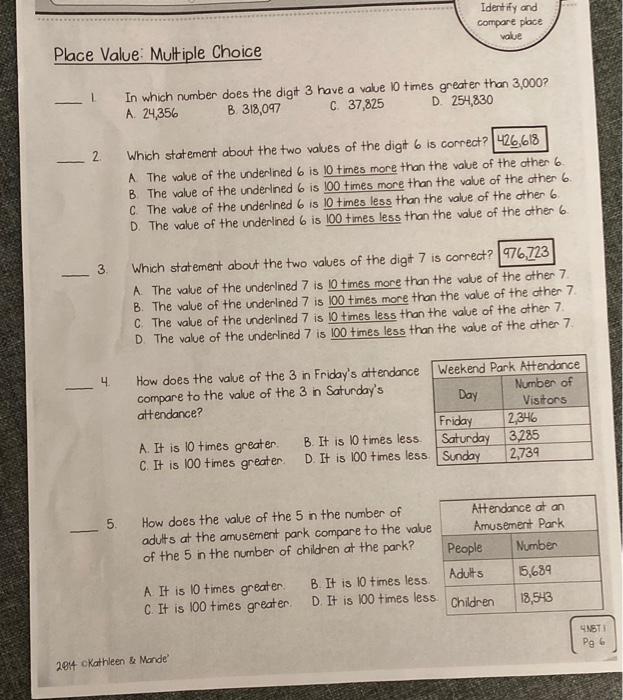 Solved Identify and compare place value Place Value Multiple | Chegg.com