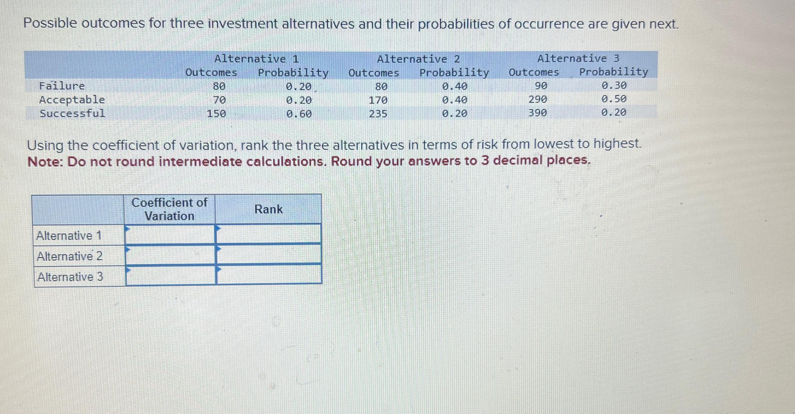 Solved Possible outcomes for three investment alternatives | Chegg.com