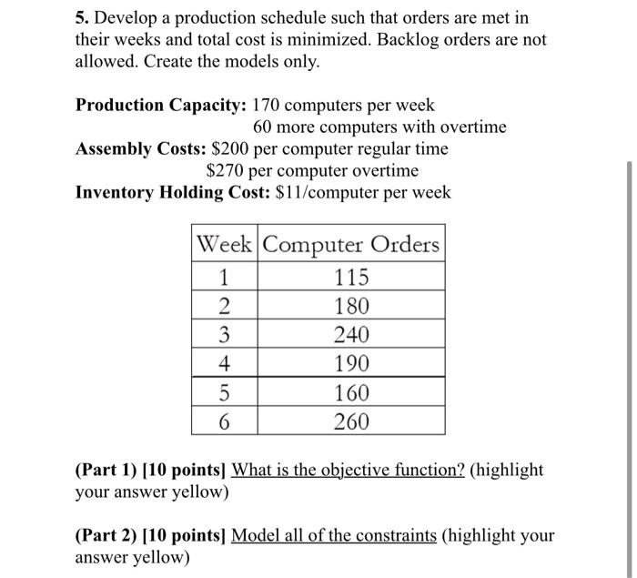 Solved 5. Develop a production schedule such that orders are | Chegg.com