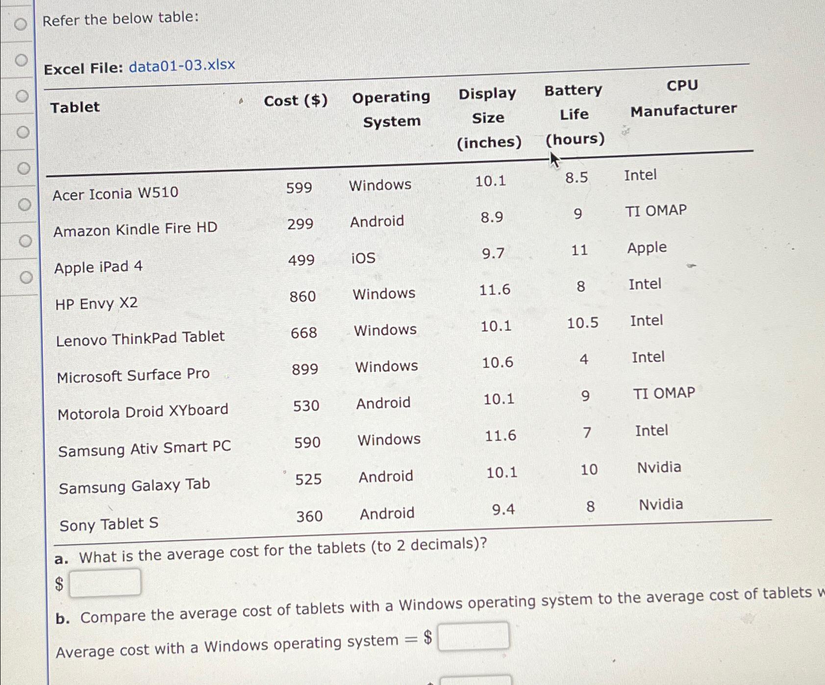 Solved Refer the below table:Excel File: | Chegg.com