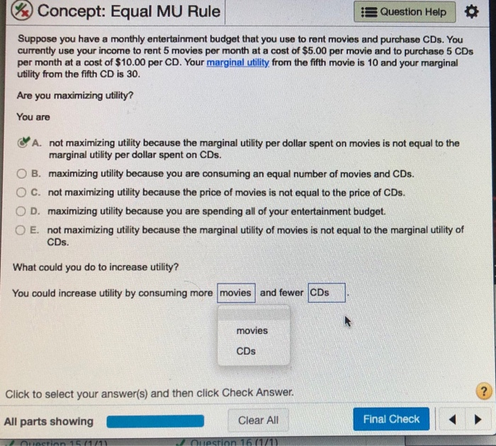 Solved & Concept: Equal MU Rule Question Help Suppose you | Chegg.com