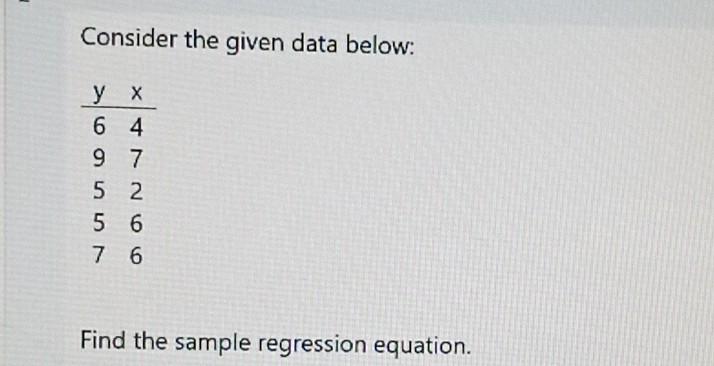 Solved Consider the given data below: Find the sample | Chegg.com