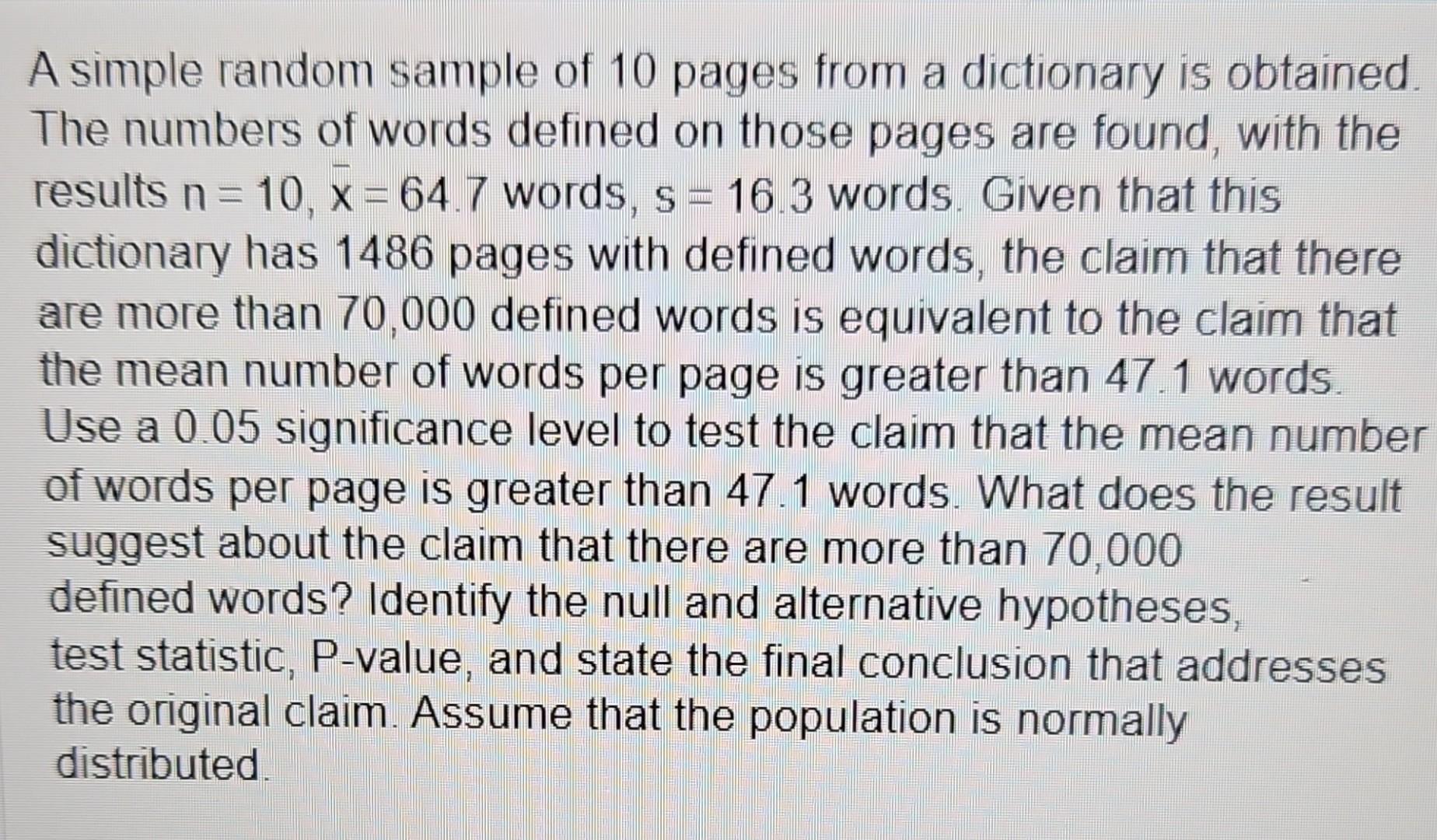 Solved A simple random sample of 10 pages from a dictionary | Chegg.com