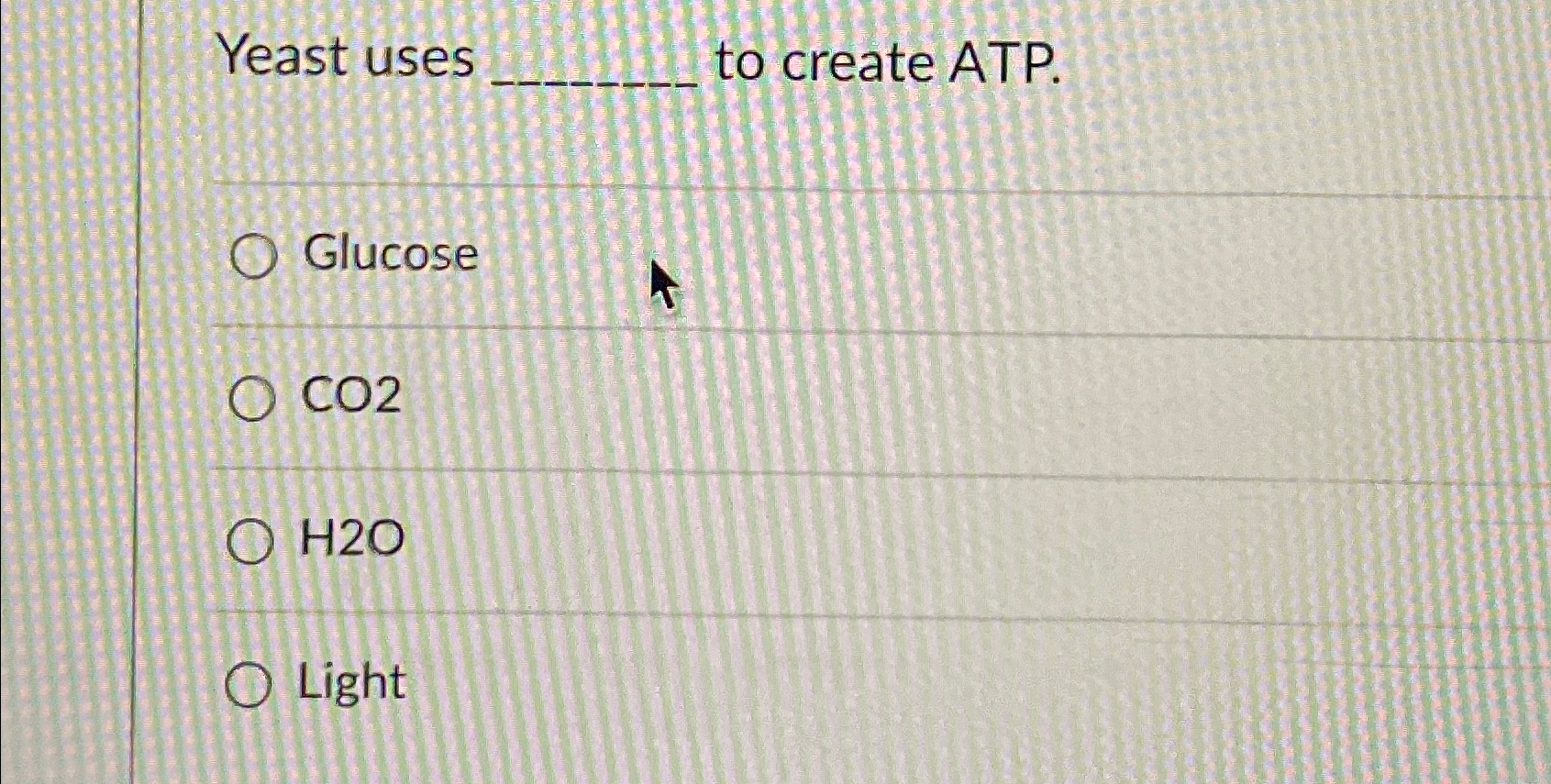 Solved Yeast uses to create ATP.GlucoseCO2H2OLight | Chegg.com