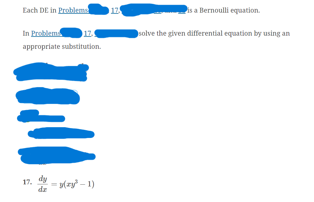 Solved is a Bernoulli equation.In Problems17,solve the given | Chegg.com