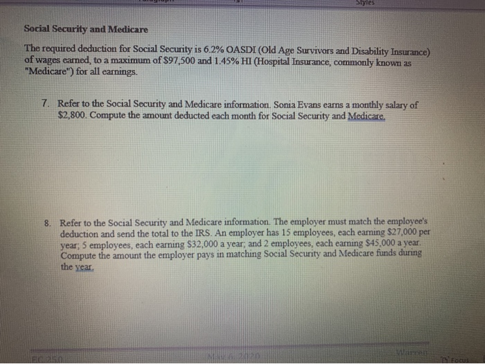 Solved Styles Social Security and Medicare The required | Chegg.com