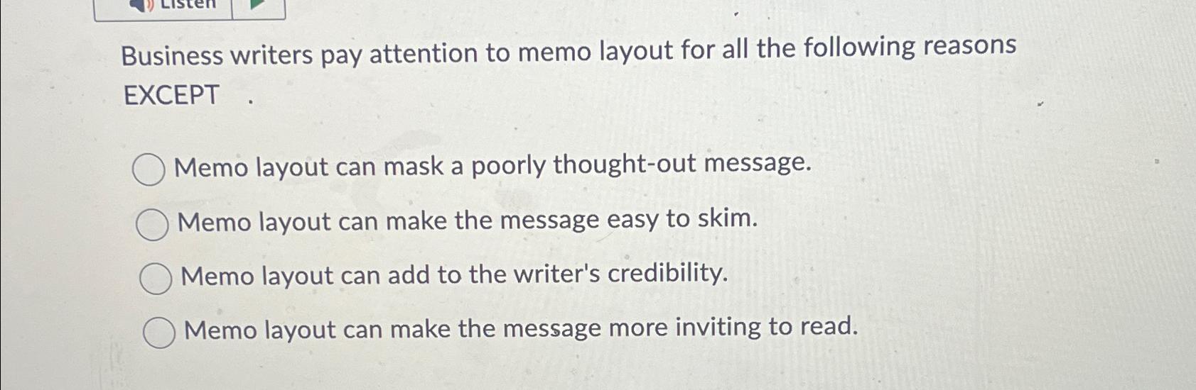 Solved Business writers pay attention to memo layout for all | Chegg.com