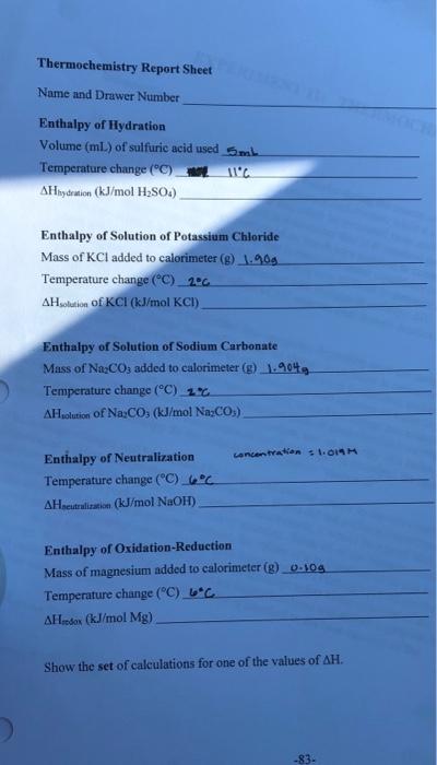 Solved Thermochemistry Report Sheet Name and Drawer Number | Chegg.com