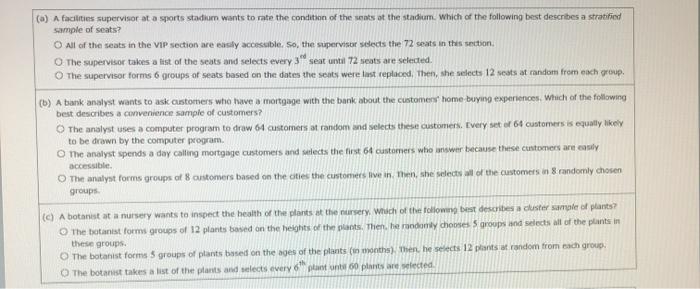 Solved (a) A facilities supervisor at a sports stadium wants | Chegg.com