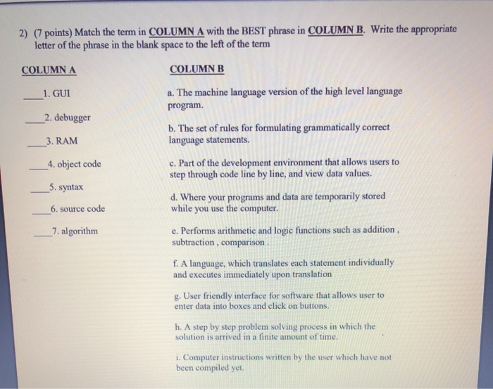 Solved 2) (7 points) Match the term in COLUMN A with the | Chegg.com