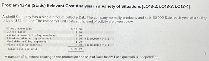 Solved Problem 13-18 (Static) Relevant Cost Analysis in a | Chegg.com