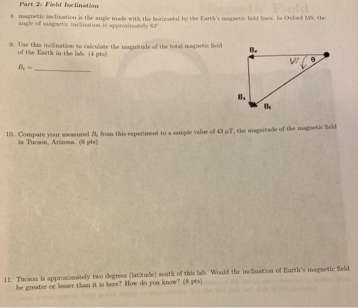 Solved Part 2: Field Inclination 8. magnetic inclination is | Chegg.com