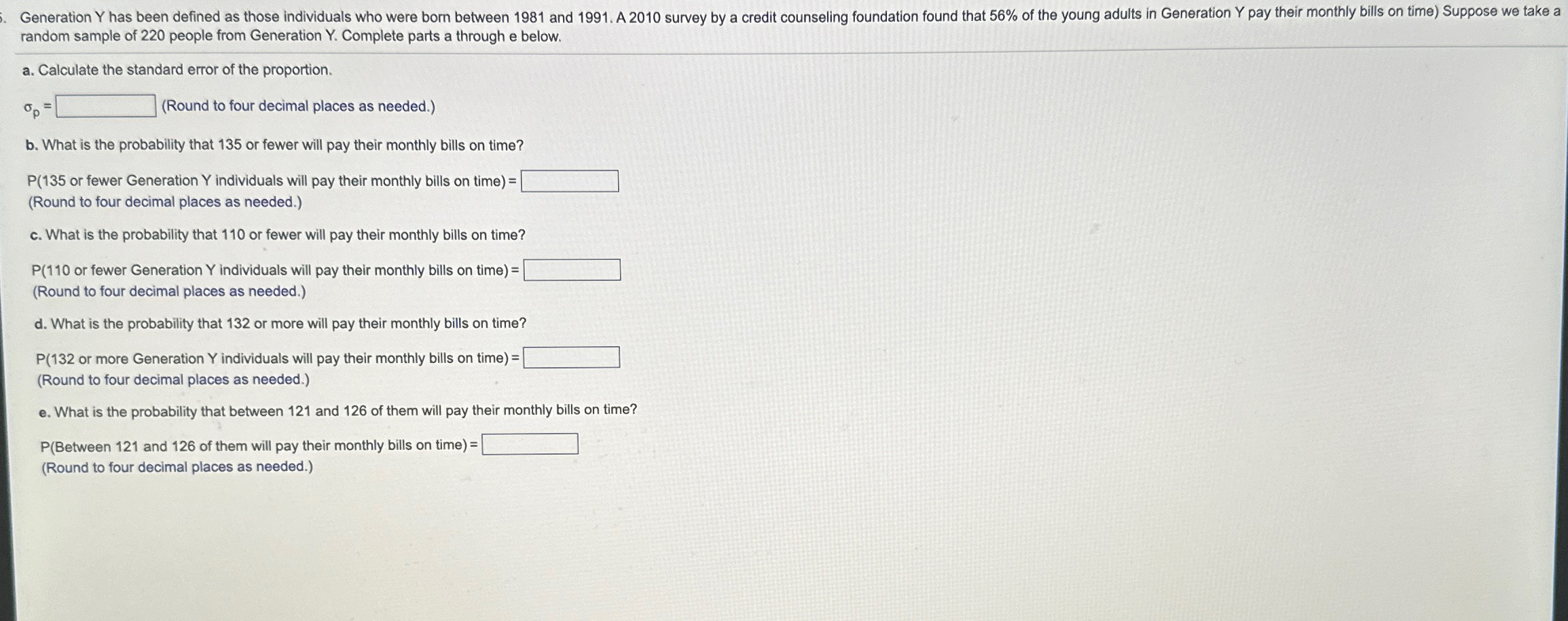 Solved random sample of 220 ﻿people from Generation Y. | Chegg.com