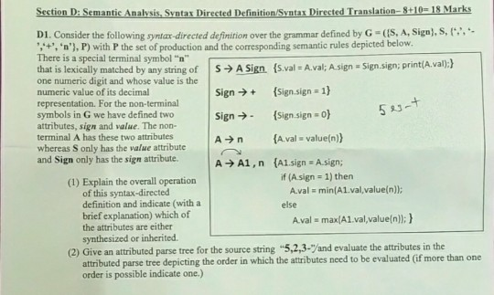 Solved D1. Consider the following syntax-directed definition | Chegg.com
