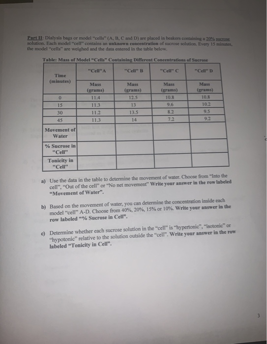 Solved Part II: Dialysis bags or model "cells" (A, B, C and | Chegg.com