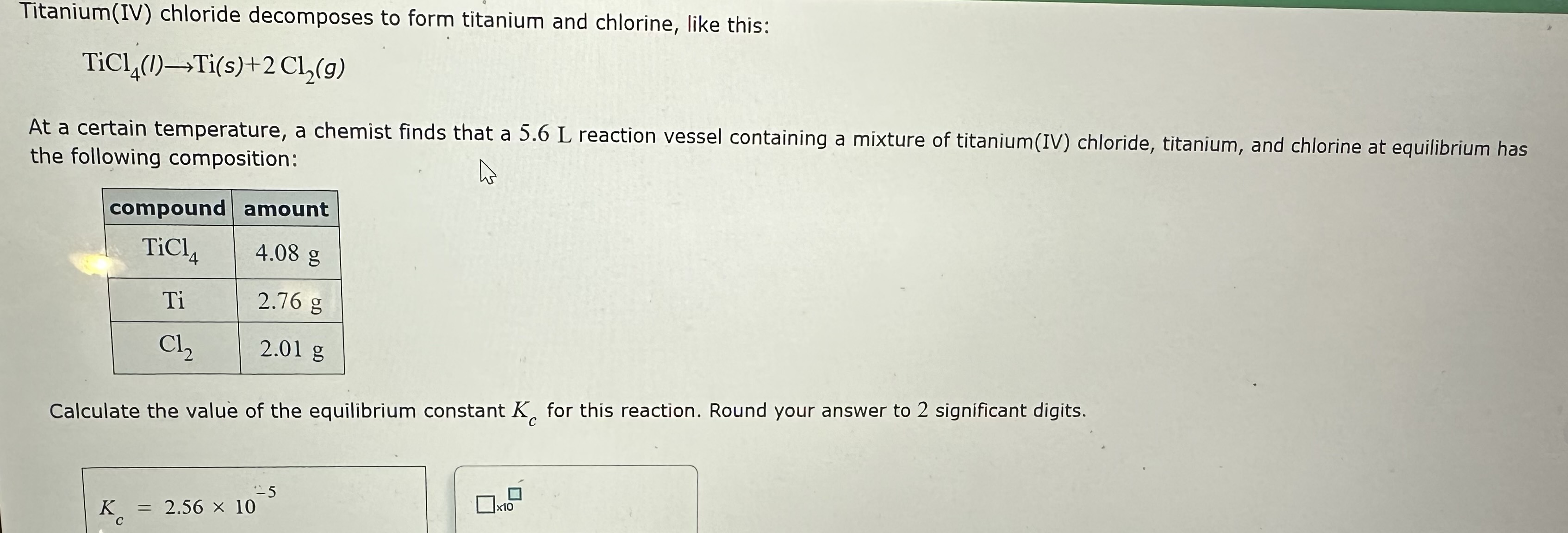 Solved Titanium(IV) ﻿chloride decomposes to form titanium | Chegg.com