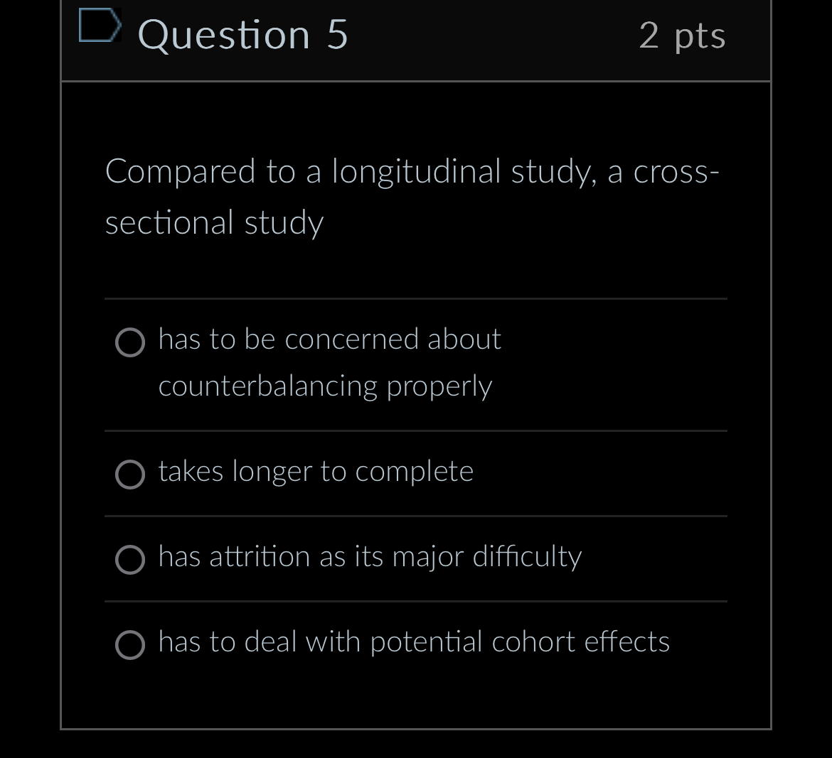 Solved Question 52ptsCompared to a longitudinal study, a | Chegg.com