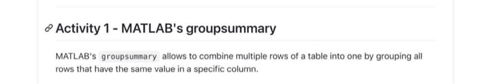 Activity 1 - MATLAB's groupsummary MATLAB's | Chegg.com