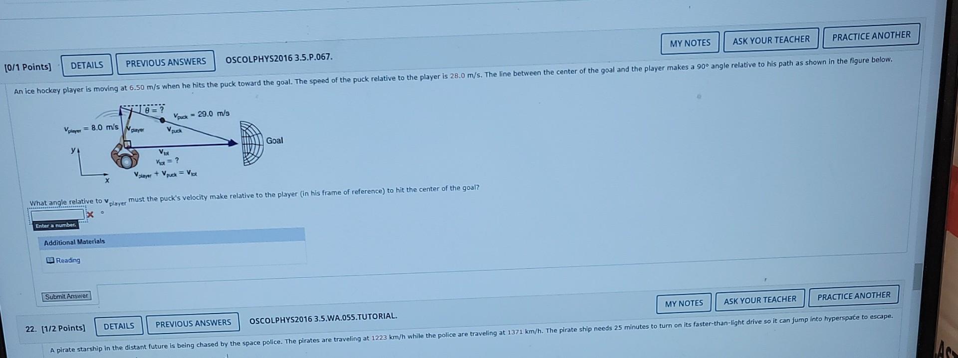 Solved What angle relative to vplayer must the puck's | Chegg.com