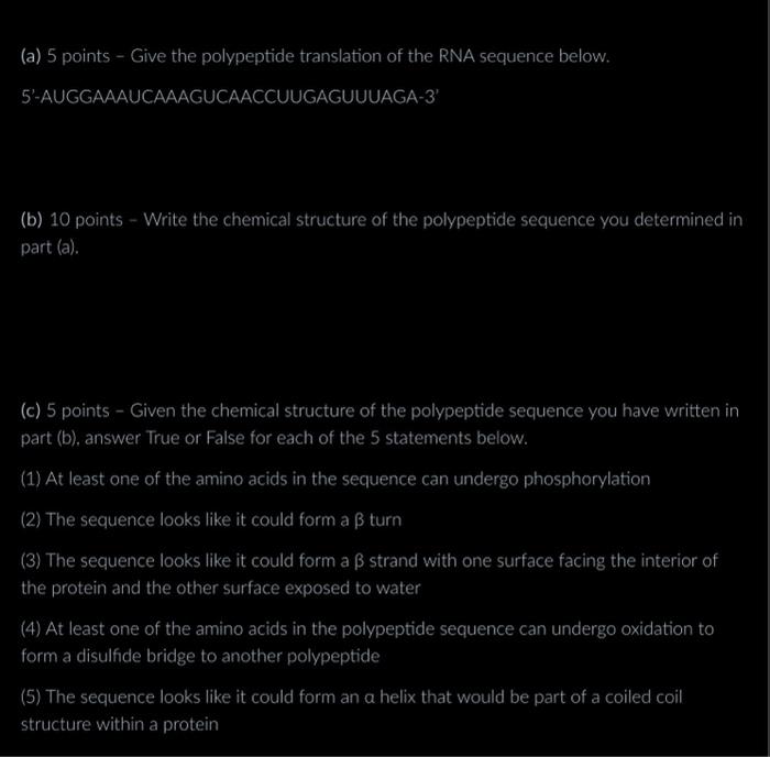 Solved (a) 5 points - Give the polypeptide translation of | Chegg.com Solved (a) 5 points - Give the polypeptide translation of | Chegg.com