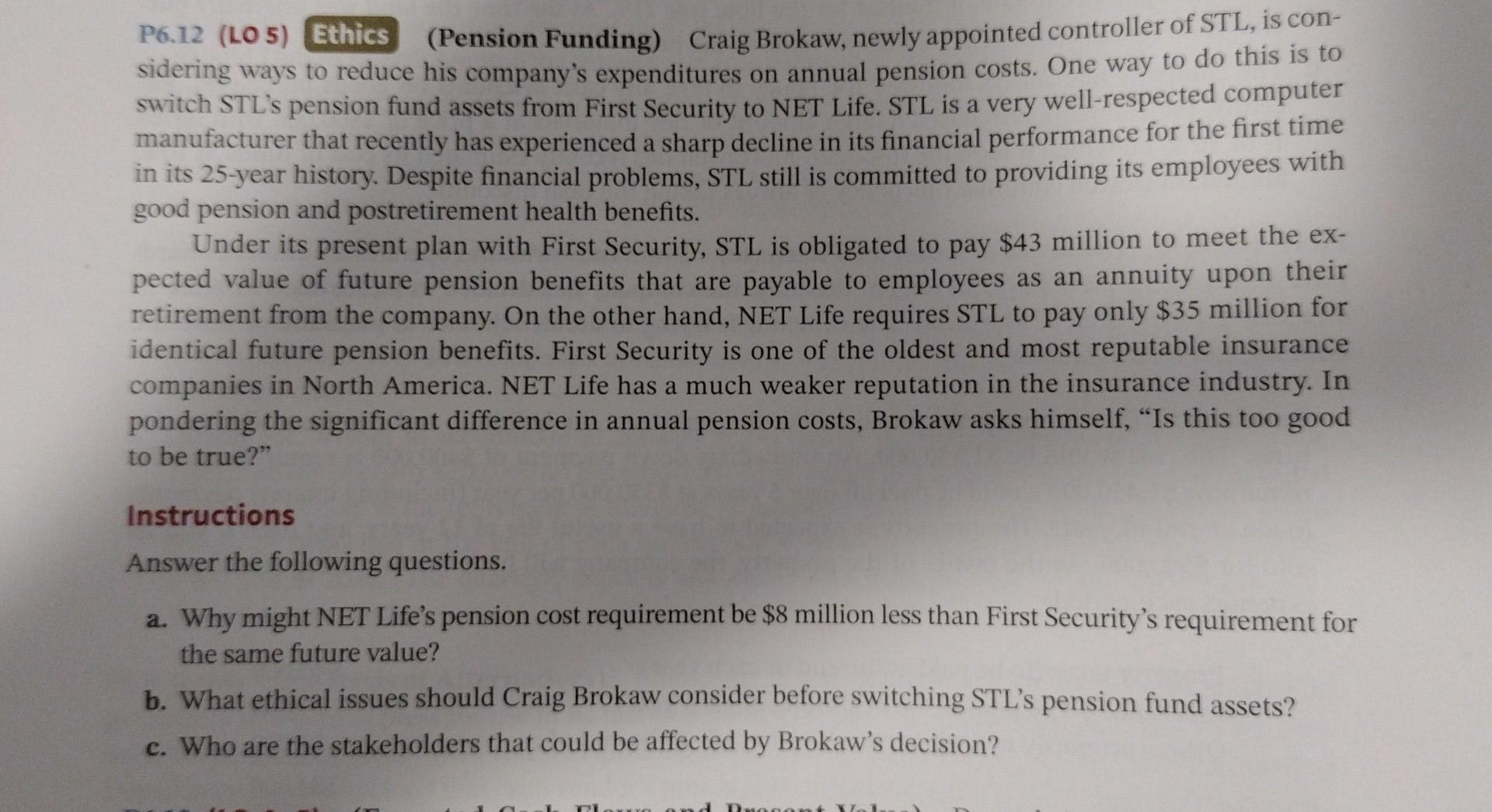 Solved P6.12 (LO 5) Ethics (Pension Funding) Craig Brokaw, | Chegg.com