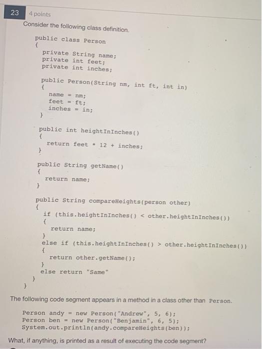 Solved { 23 4 points Consider the following class definition | Chegg.com