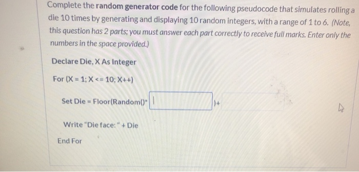 Solved Complete the random generator code for the following | Chegg.com