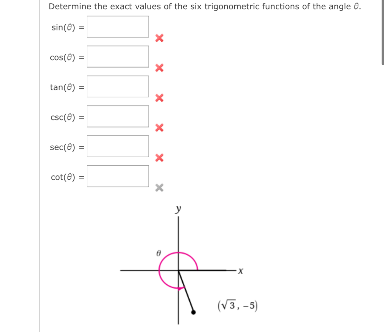 Solved Determine the exact values of the six trigonometric | Chegg.com