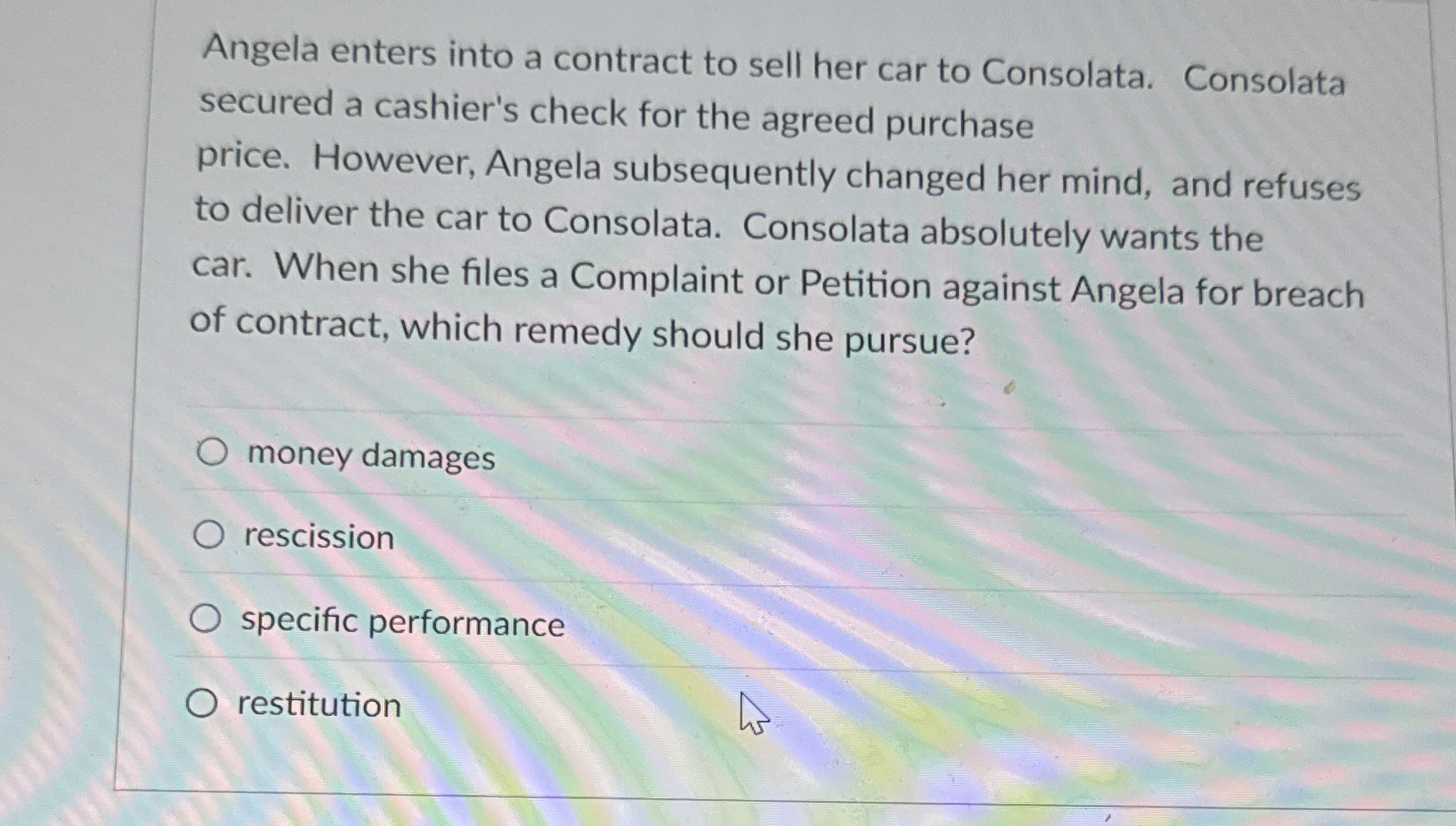 Solved Angela enters into a contract to sell her car to | Chegg.com