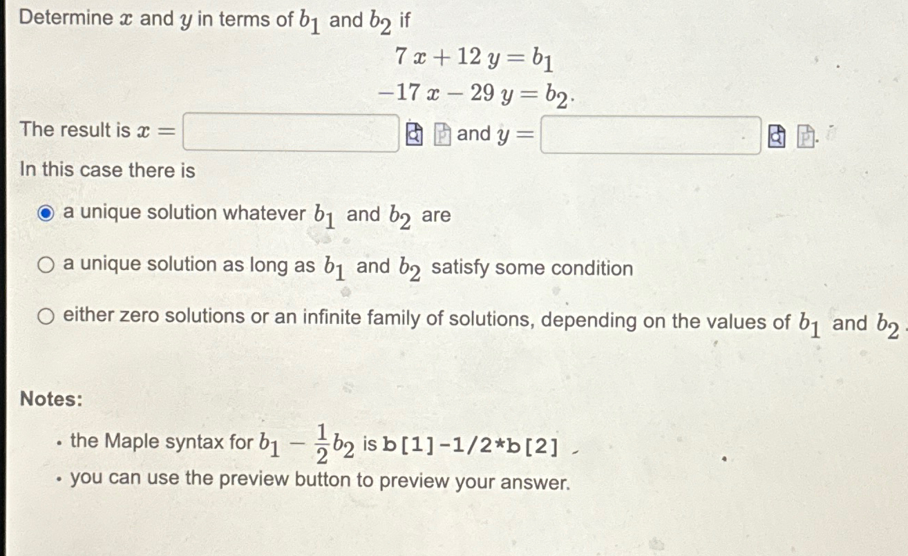Solved Determine x ﻿and y ﻿in terms of b1 ﻿and b2 | Chegg.com
