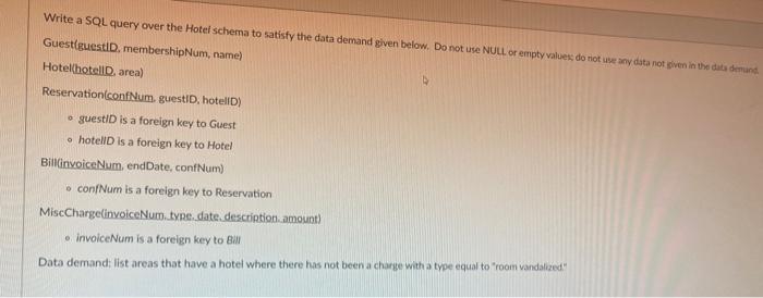 Solved Write a SQL query over the Hotel schema to satisfy | Chegg.com