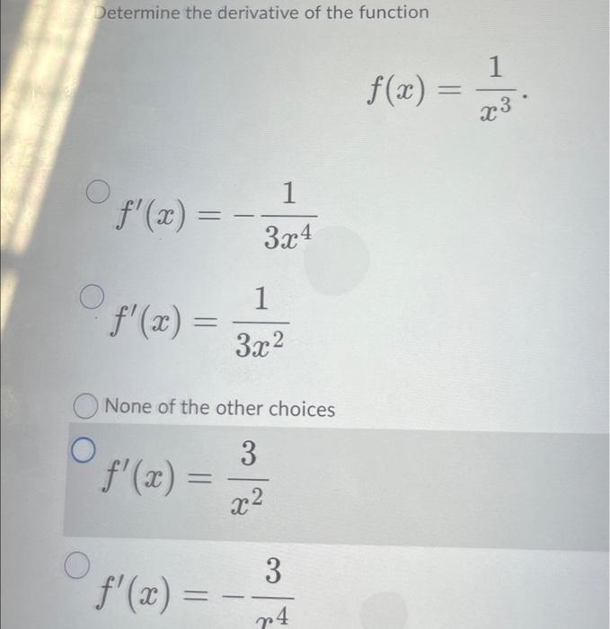 Solved Jetermine the derivative of the function f(x)=x31. | Chegg.com