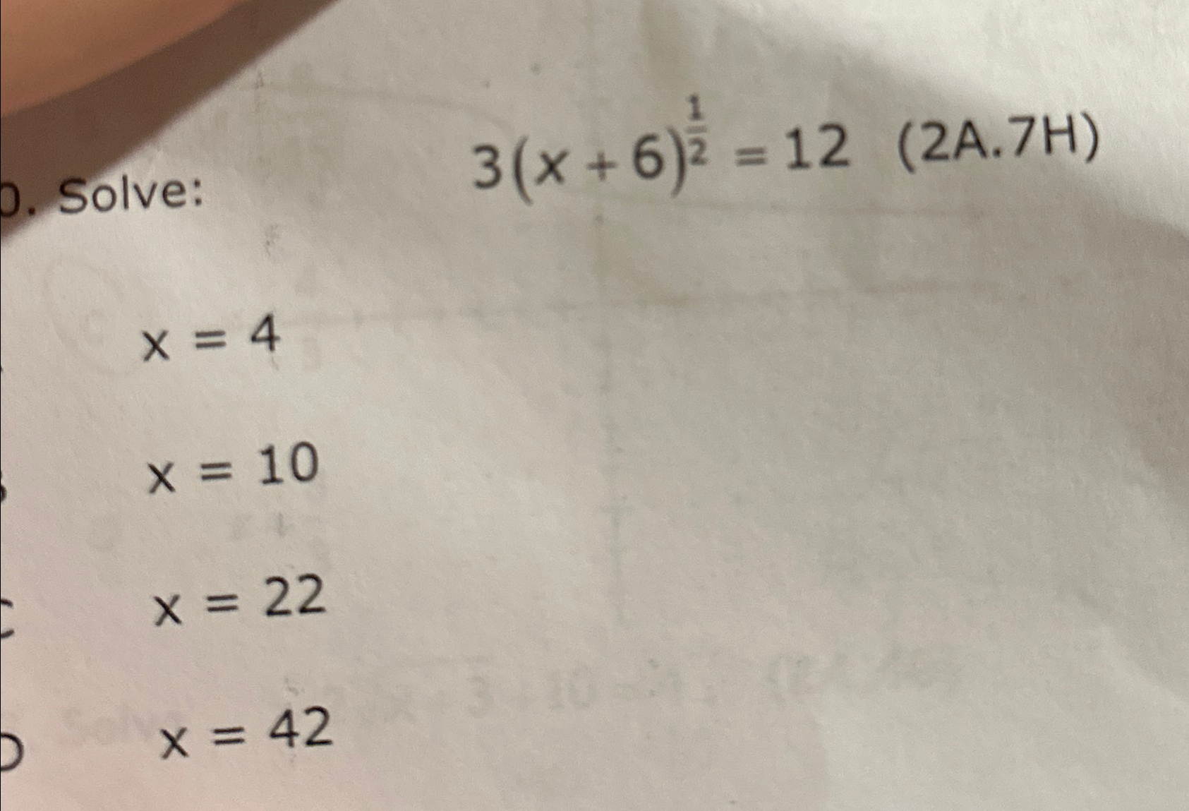 Solved D. ﻿Solve:3(x+6)12=12(2A.7H)x=4x=10x=22x=42 | Chegg.com