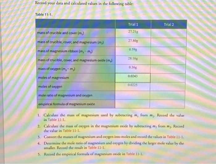 Solved Record your data and calculated values in the | Chegg.com